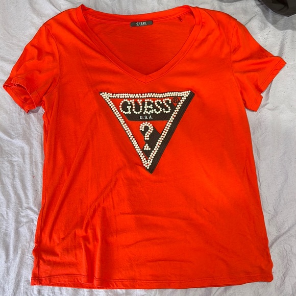 Guess | Tops | Red Guess Shirt With Pearl Accent | Poshmark